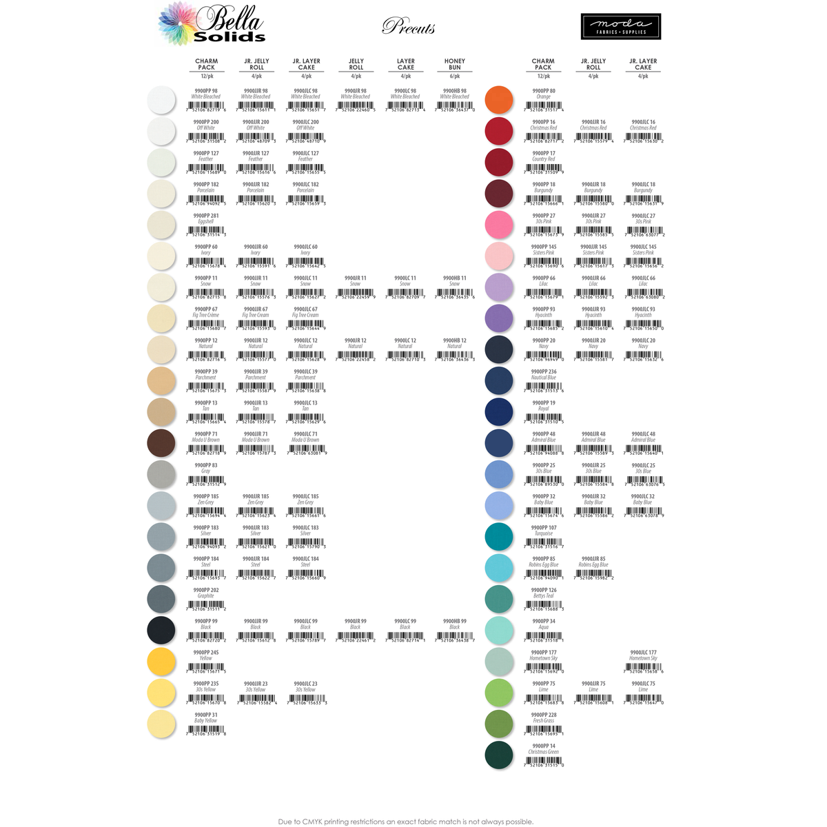 Moda Bella Solids Color Card — Fabric Roost, LLC